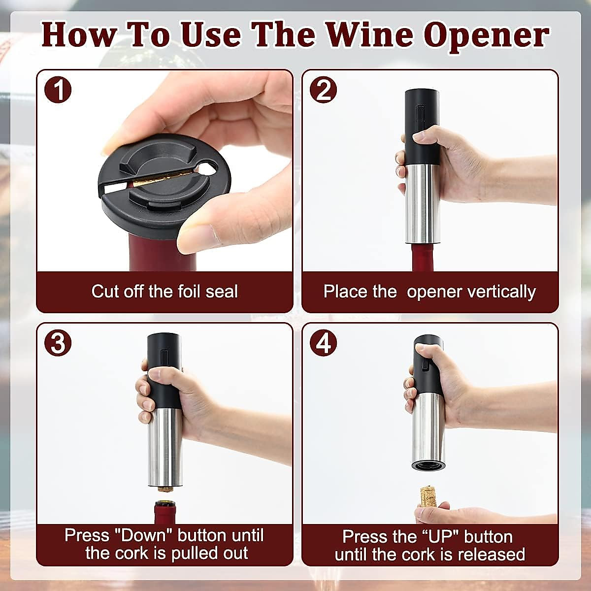 Electric Wine Bottle Opener, Battery Powered Stainless Steel Wine Bottle Opener, Wine Gift Automatic Wine Bottle Opener with Aluminum Foil Cutter (Stainless Steel Battery)