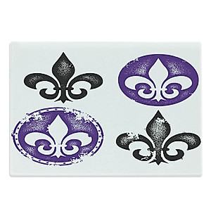 Ambesonne Fleur De Lis Cutting Board, Arrangement of Fleur De Lis Designs Silhouettes Vintage Spiral Art, Decorative Tempered Glass Cutting and Serving Board, Large Size, Black Purple