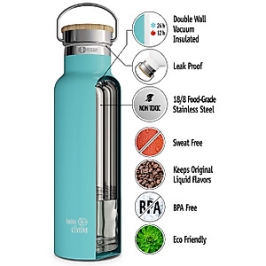 Involve & Evolve Insulated Water Bottle with 3 Lids (Straw Lid) Kids Reusable Double Walled Stainless Steel Flask Metal Thermos 12oz 17oz 20oz 25oz (17 oz, Bare Ocean)