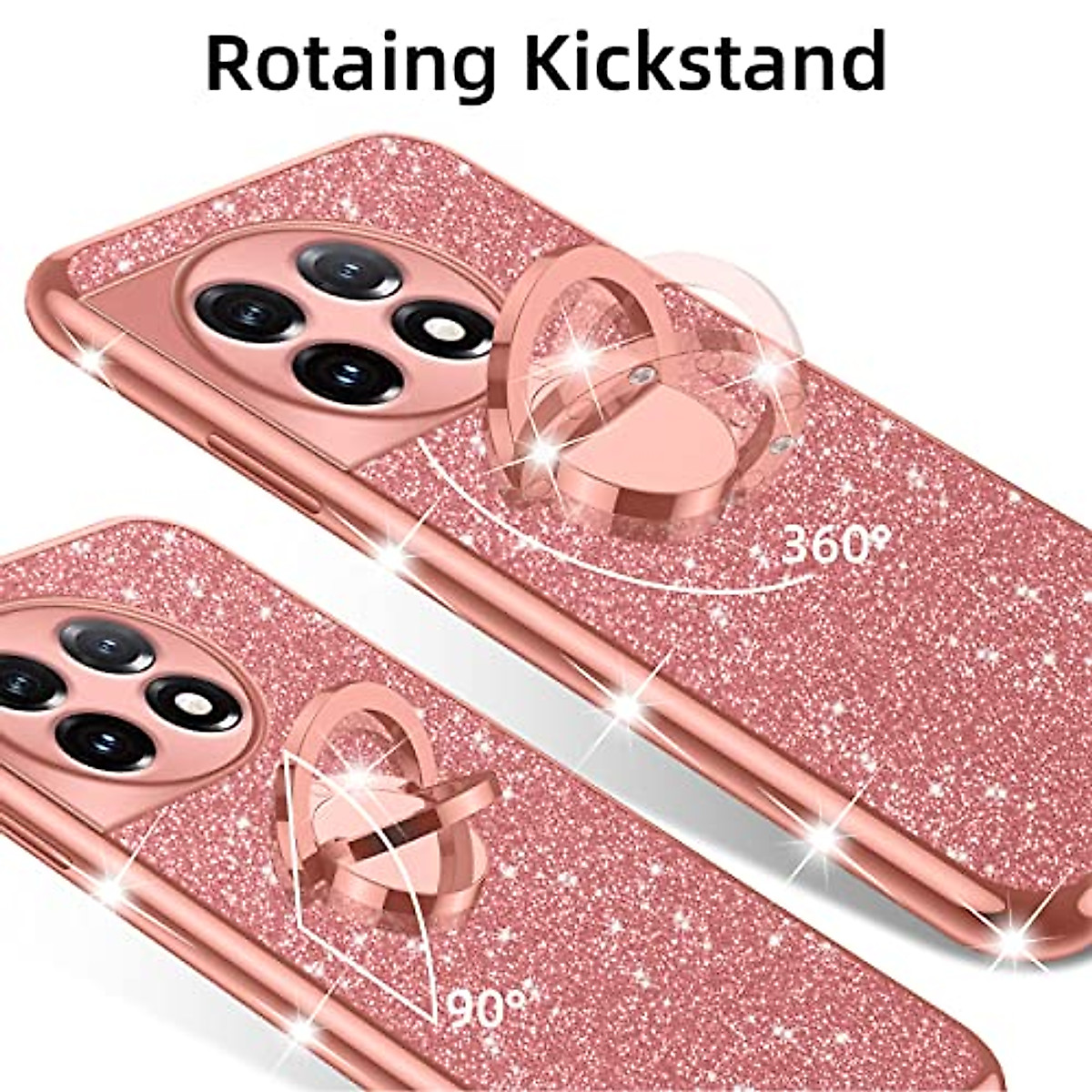 nancheng for Oneplus 11 Case (2023), Phone Case for Oneplus 11 5G Women Glitter Cute Luxury Soft Silicone Clear Case with Ring Stand Strap Lanyard Shockproof Protection Cover - Rose Gold