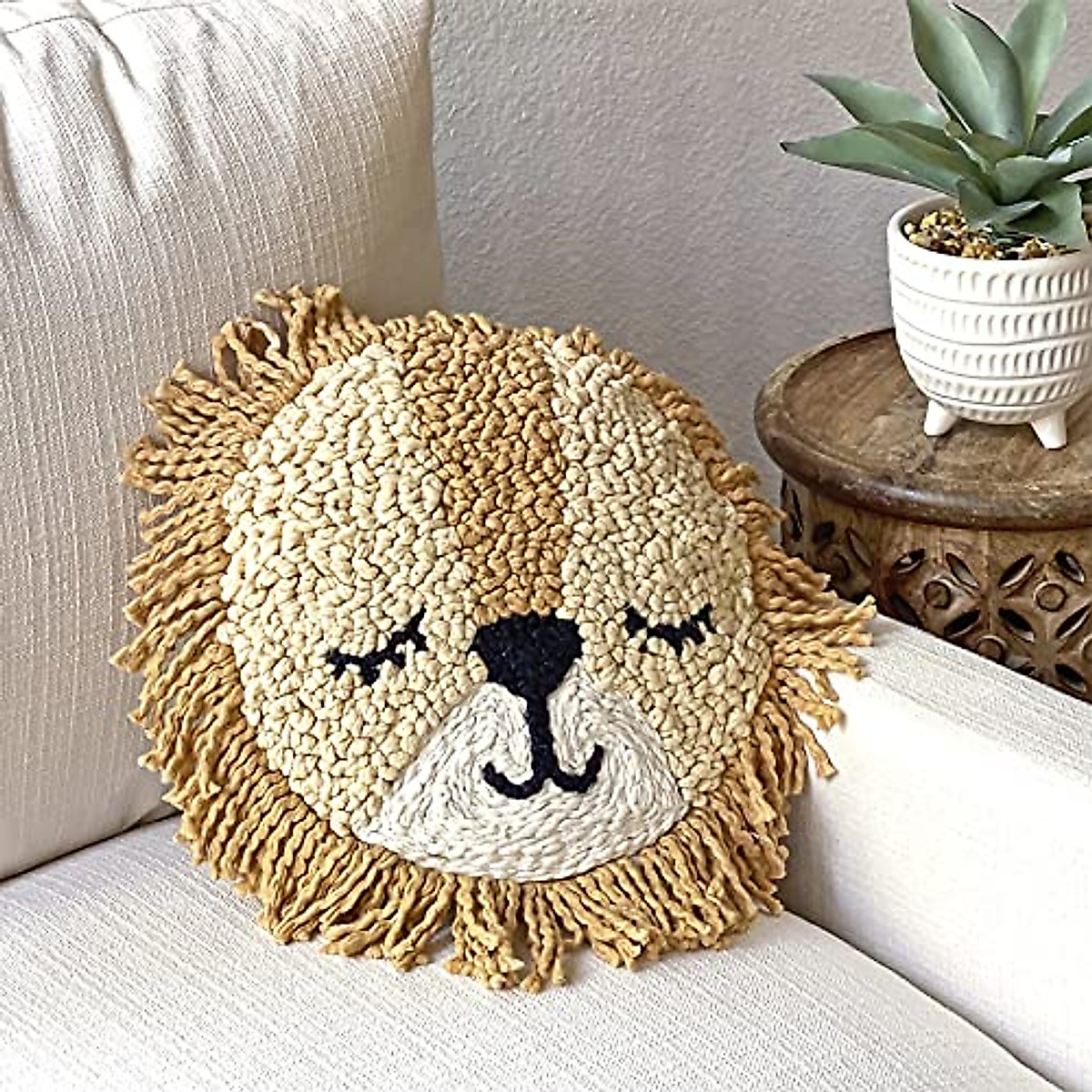 Crane Baby Pillow, Decorative Round Animal Pillow for Nursery and Toddler Rooms, Lion, 12" x 12"