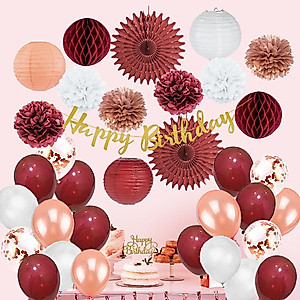 Rose Gold and Burgundy Birthday Party Decorations Rose Gold and White Pom Poms Lanterns Fans Balloons Decor Kit Burgundy Birthday Decorations for Women with Happy Birthday Banner Cake Topper Gold
