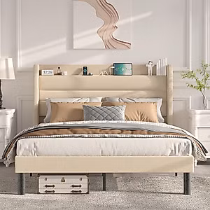 Flolinda King Size Bed Frame with Charging Station, Type-C & USB Ports, Linen Upholstered King Size Bed with Wingback Storage Headboard Shelf Heavy Duty, No Box Spring Needed,Beige