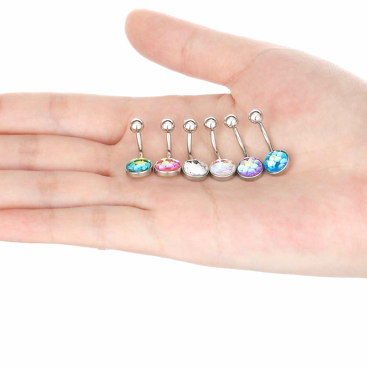 COTTVOTT 5-10pcs 14G Stainless Steel Belly Button Rings Womens Navel Piercing Body Jewelry (6pcs-Fish Scales Crystals-Mix)