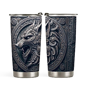 20oz Viking Celtic Warrior Wolf Tumbler, Norse Mythology, Viking Gifts for Men, Coffee Thermos for Men, Stainless Steel Double Wall Vacuum Insulated Coffee Mug, Travel Cup with Lid