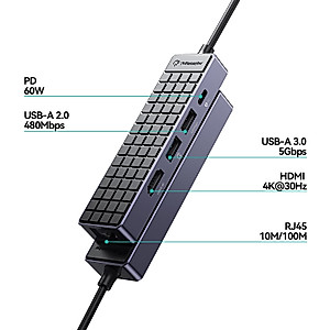 Yottamaster USB C Hub Ethernet, 5 in 1 USB C Hub Multiport Adapter with 4K HDMI, RJ45 Ethernet, USB3.0, 60W PD, Compatible with Type C Laptop Devices