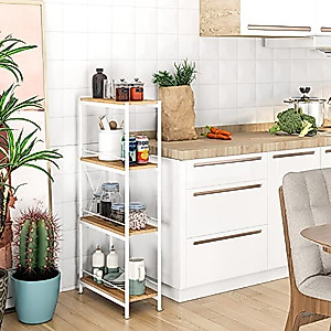 4 Tier Storage Shelves Plus Narrow Shelf Unit Metal Shelves Shelf Free Standing Shelf Organisers Modern Shelf Ladder Shelf Bookshelf for Bathroom Kitchen Bedroom Hallway Steel & Wooden White & Beige