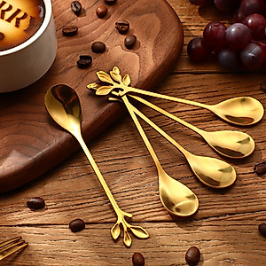 Stainless Steel Leaf Coffee Spoon and Appetizer Fork Tableware Dessert Spoon Mini Dessert Utensils Set Creative Demitasse Spoons and Forks for Stirring, Fruit, Cake, Coffee, Tea (Gold, 40 Pieces)