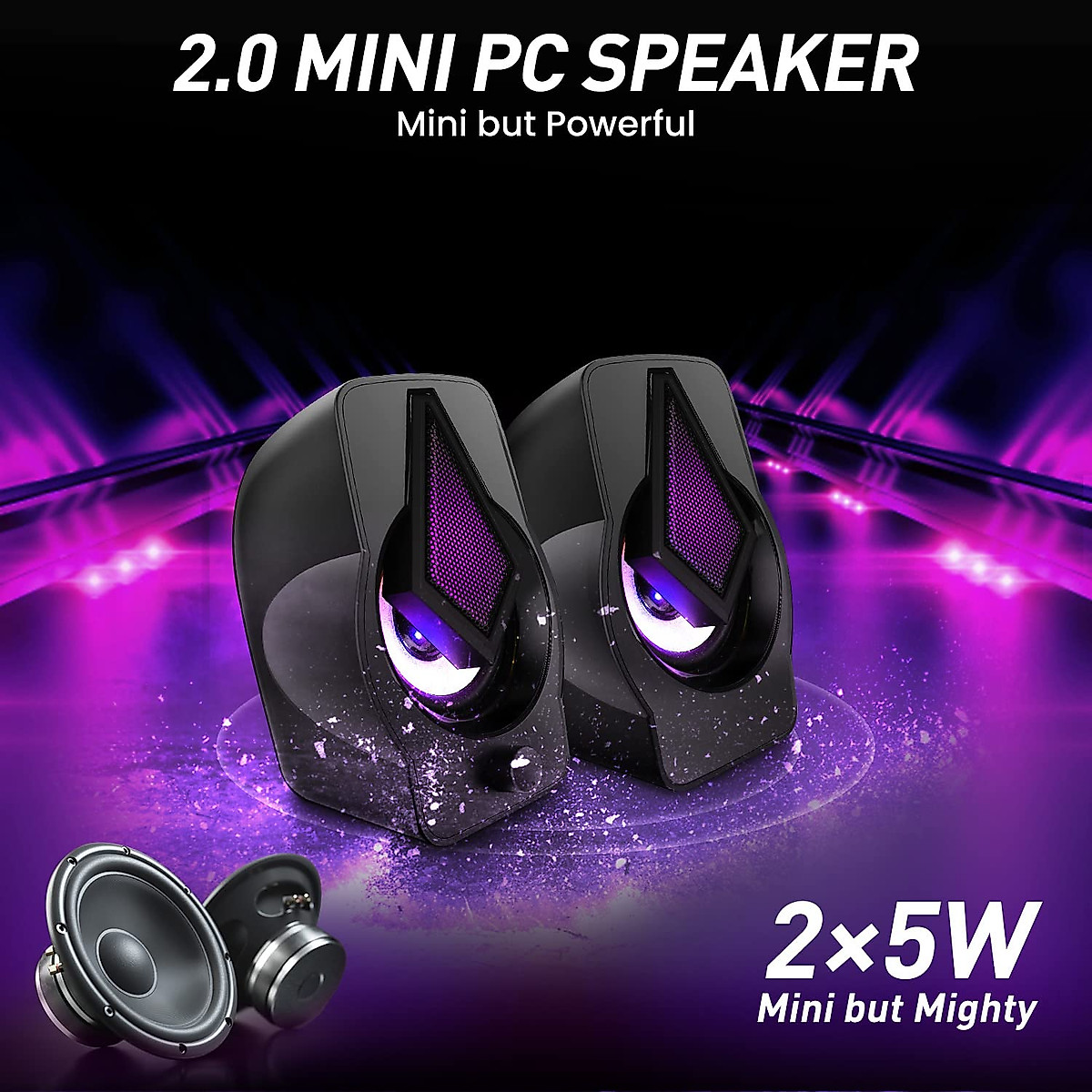 Bethefur Computer Speakers, Gaming Speakers with RGB Multi-Light Rhythm Modes, PC Computer Stereo Speaker Easy-Access Volume Control, 2.0 Channel USB Speakers for Desktop, PC, Laptop, Tablets (5Wx2)