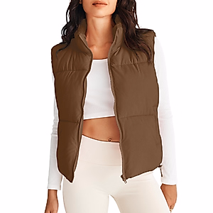 MEROKEETY Cute Sleeveless High Neck Zipper 2025 Fashion Puffy Padded Vest for Teen Girls, Coffee, Medium