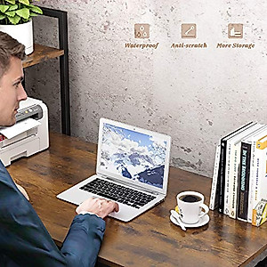 Engriy Computer Desk with 4 Tier Shelves for Home Office, 47" Writing Study Table with Bookshelf and 2 Hooks, Multipurpose Industrial Wood Desk Workstation with Metal Frame for PC Laptop, Rustic Brown