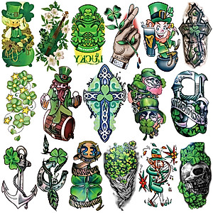 Yazhiji 77sheets St Patricks Day Temporary Tattoo for Girls or Boys 17sheets Larger Half Arm Shamrock Patterned Waterproof Tattoos Stickers for Men or Women And 60 sheets Face Clover Kids Tattoos