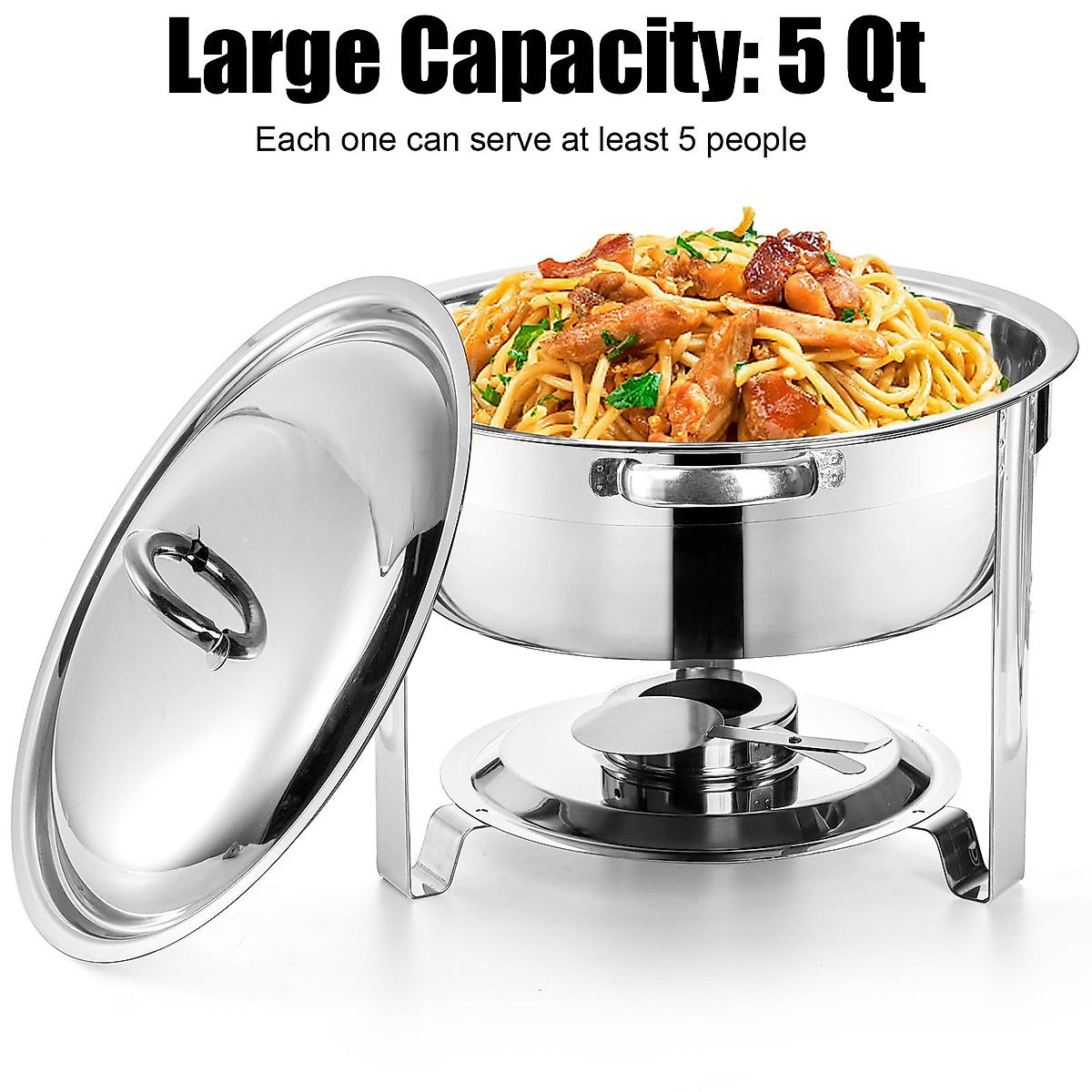 Fasmov 5 Qt Stainless Steel Chafing Dish Buffet Set, Round Catering Warmer Set w/Food and Water Trays, Lid, Fuel Holder, Chafers and Buffet Warmers Sets for Parties, Events, Wedding, Camping, Dinner