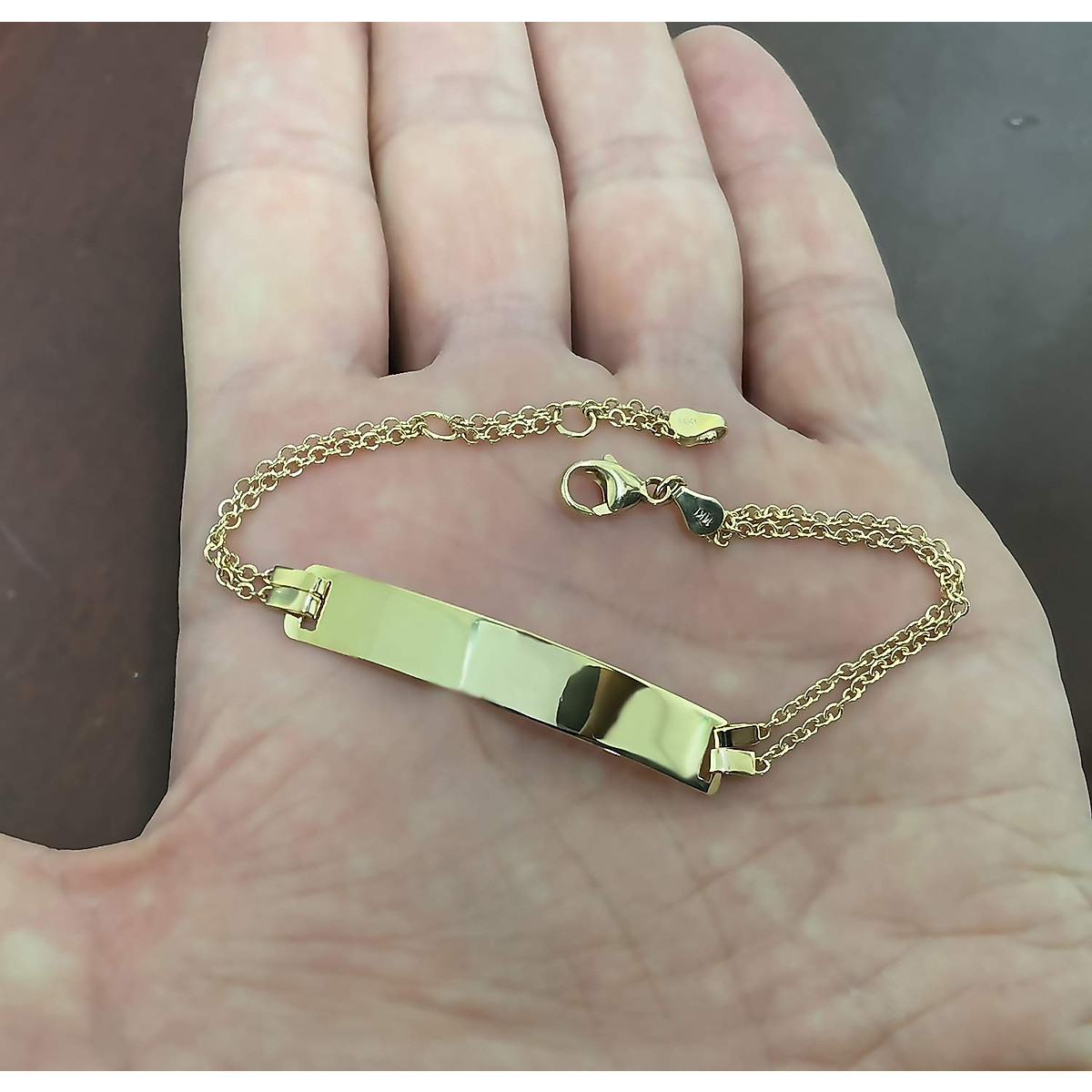 14kt Yellow Gold Name Bar Id Bracelet – Handmade 18k Solid Personalized Bracelets - Free Customizable Engraving Identification – Elegant Women's Gift Adjustable 6.5 ,7 ,7.5 Inches (Yellow, gold 14k)