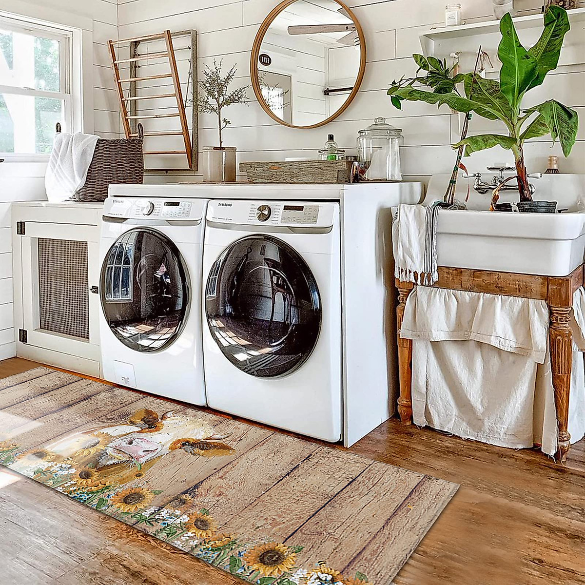 Set of 2 Non-Slip Kitchen Mat 2 Piece Sunflower Cow Comfort Standing Kitchen Mat Waterproof and Oil Proof Farmhouse Animals Cute Rustic Wood