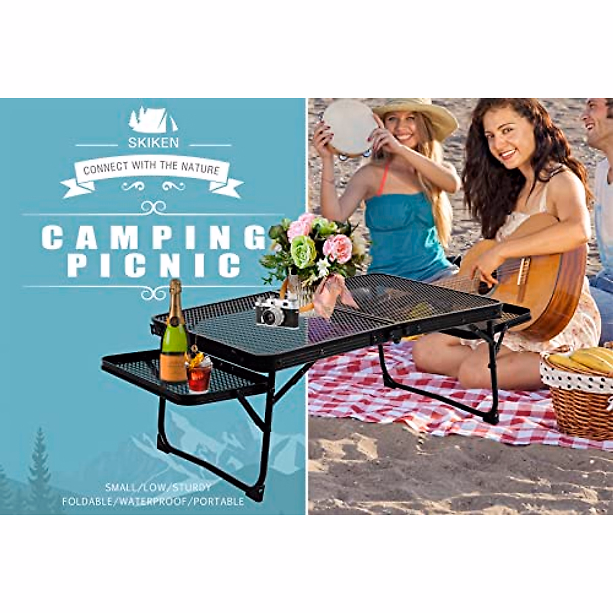 SKIKEN Small Low Camping Table with Wing Panels, Folding Low Picnic Table, Sturdy Steel Mesh Outdoor Table, Waterproof and Heat Resistant, Aluminum (3ft, Black)