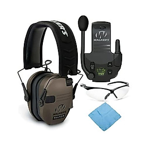 Walker's Razor Slim Electronic Shooting Muff (Flat Dark Earth) Bundle with Walkie Talkie, Shooting Glasses, and Cleaning Cloth (4 Items)