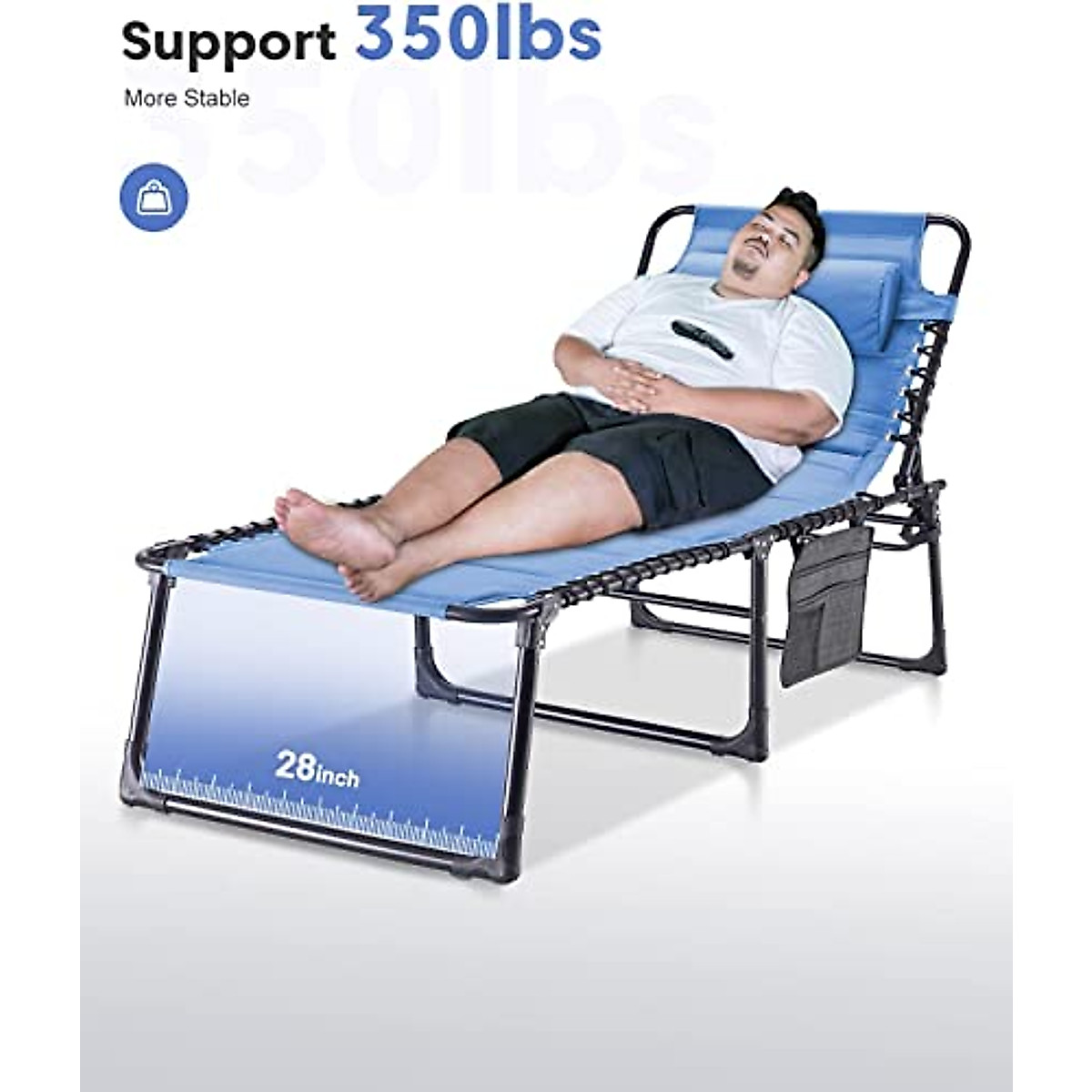 Ezcheer Outdoor Folding Lounge Chair Oversized, 4 inch Bigger XL Sun Tanning Chaise, Light-Weight Support 300lbs Lawn Camping Beach Recliner with Storage Bag (Blue)