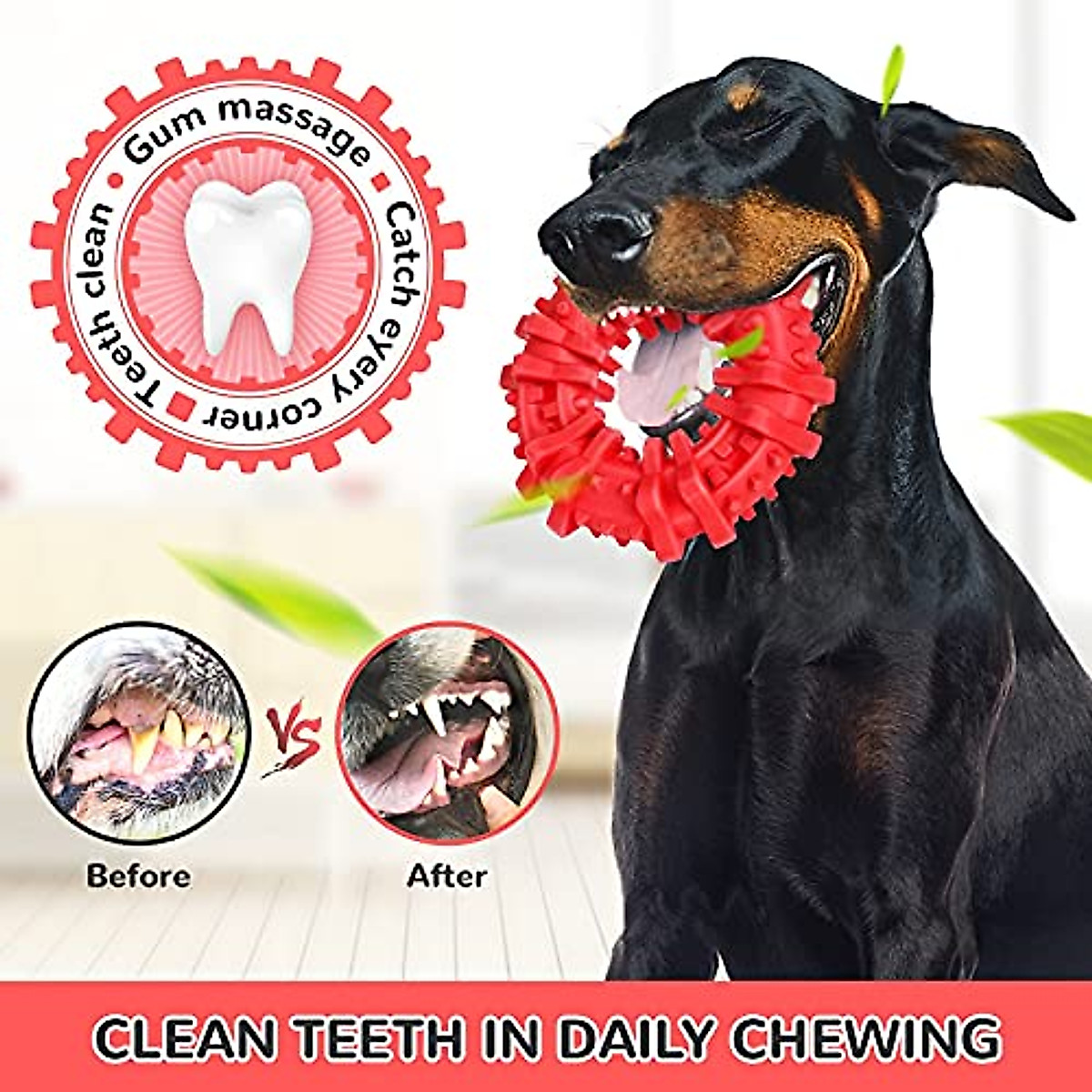 Dog Balls Treat Dispensing Dog Toys for Aggressive Chewers Large Breed, Nearly Indestructible Squeaky Dog Chew Toys for Large Dogs, Natural Rubber Dog Puzzle Toys (RING-Red, For Larege Dogs)