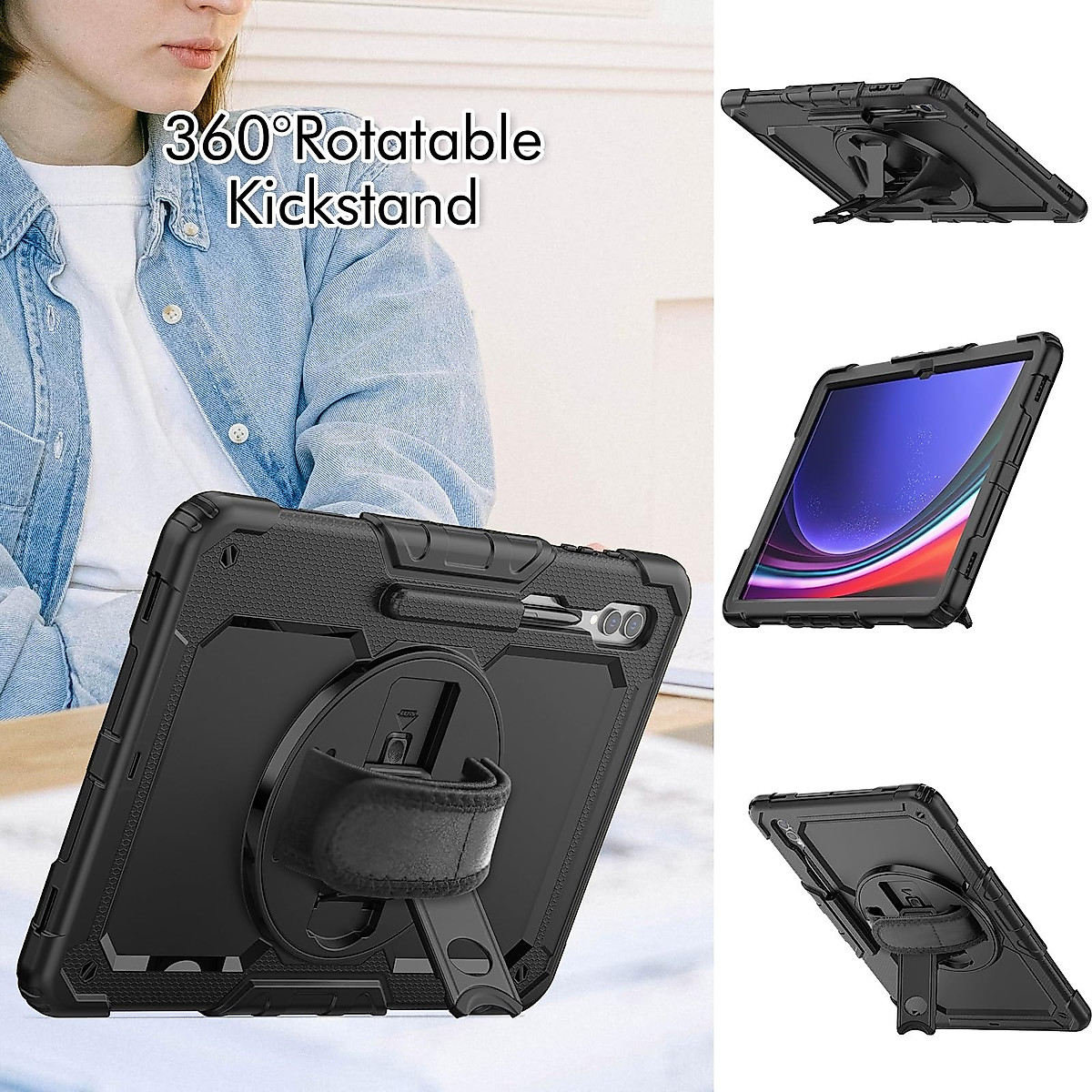 Stand Tablet Cover Compatible with Samsung Galaxy Tab S9 Ultra 14.6 Inch 2023 (SM-X910/X916B/X918U) Heavy Duty Shockproof TPU Case,Protective Cover W Screen Protector 380 Swivel Kickstand+Hand Strap+S