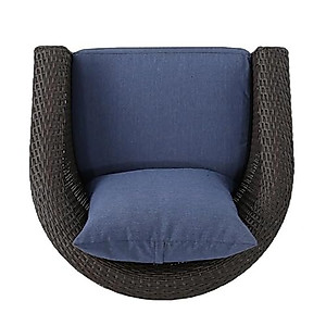 GDFStudio Outdoor Aluminum Framed Mix Brown Wicker Swivel Club Chair with Water Resistant Cushions (Set o f4, Navy Blue)