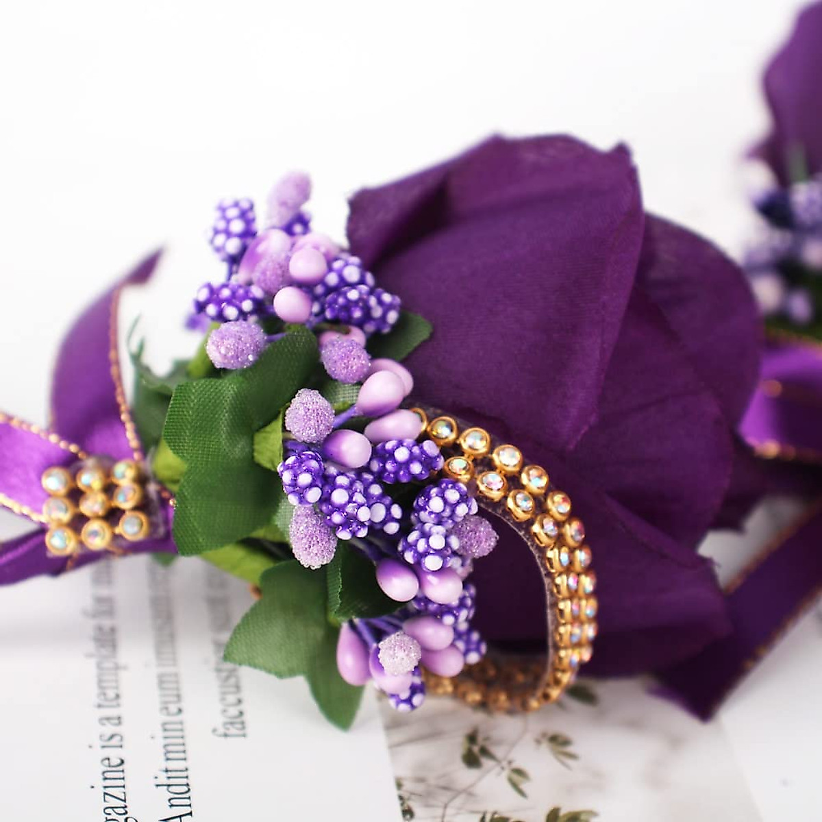 WANLIAN Rose Wrist Corsage Bridesmaid Corsage and Boutonniere Set for Wedding Prom Party Hand Flower Decoration Set of 2 (Purple)