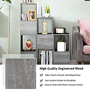 Tangkula Wooden Cube Bookcase, Freely Combined Storage Bookshelf with 9 lattices, Modern DIY Irregular Bookcase for Living Room, Stepped Bookcase and Bookshelves for Home Office Decor (Grey)