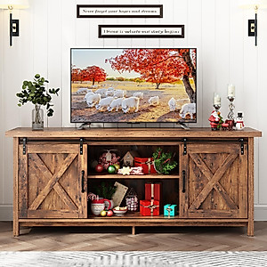 Elibeauty Farmhouse TV Stand for 55-65in TV with Adjustable Shelves & Sliding Barn Door - Rustic, Wooden Entertainment Center & Media Cabinet for Bedroom, Living Room (Dark Brown, 58in)