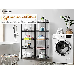 2 Pack 5-Tier Bathroom Storage Shelf, Heavy Duty Wire Shelving Unit Free Standing Towel Rack Organization for Kitchen Bathroom Laundry, Black