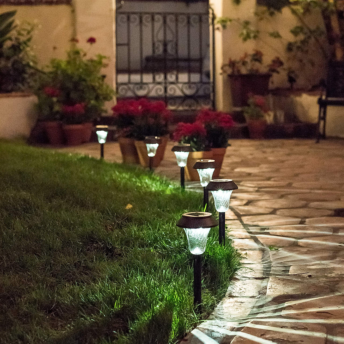 Enchanted Spaces Silver Solar Path Light, Set of 6, with Glass Lens, Metal Ground Stake, and Extra-Bright LED for Lawn, Patio, Yard, Walkway, Driveway