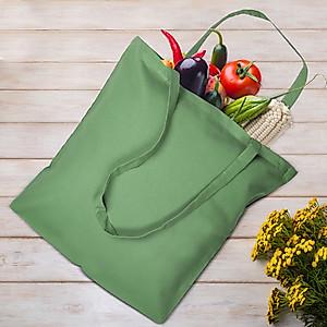 Urban Villa 12 Pack Reusable Grocery Bags 15’’x16’’ with 27’’ long Handle Green Color 100% Cotton Tote Bags Medium Weight Grocery Shopping Cloth Bags Great Choice for Promotion Gift DIY Advertising