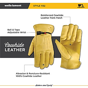 Men's Leather Work Gloves with Adjustable Wrist, Extra Large (Wells Lamont 1132), Saddletan