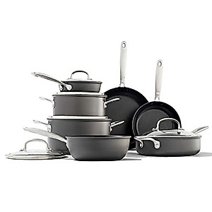 OXO Good Grips Pro 12 Piece Cookware Pots and Pans Set, 3-Layered German Engineered Nonstick Coating, Dishwasher Safe, Oven Safe, Stainless Steel Handles, Black