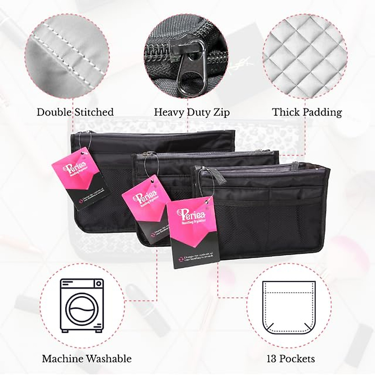 Periea Signature Purse Organizer Insert with Handles & 13 Pockets - 3 Sizes (Toucan, Small)