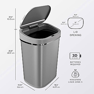 NINESTARS 21 Gallon Rectangular Stainless Steel Automatic Soft Close Motion Sensor Trash Can with Manual Mode, Ring Liner, and Non-Skid Base (2 Pack)