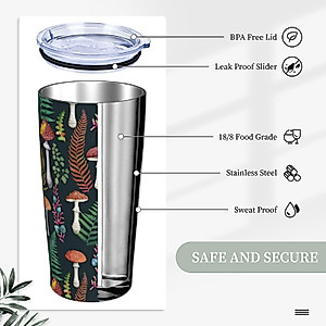 CHASOEA Mushroom Tumbler 20oz Botanical Stainless Steel Insulated Tumblers with Lid and Straw Leaves Travel Coffee Mug Tea Wine Cups Water Bottle Sport Gifts for Women Mushrooms Lover