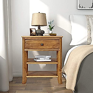MUSEHOMEINC Rustic Wood 3-Tier Nightstand with Storage Shelf and Drawer for Bedroom or Living Room/Round Metal Knobs/Heritage Collection Furniture/End Table/Side Table, Teak Finish