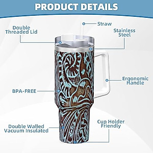 Xiexide 40oz Stainless Steel Hiking Rustic Western Country Turquoisen Cowboy Tooled Leather Double Walled Vacuum Insulatedith Handle And Straw,Hot & Cold Drinks