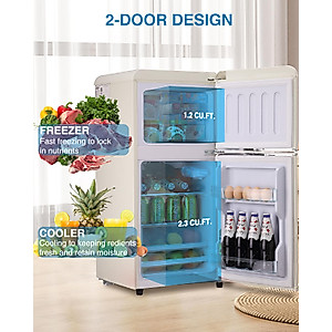 Kazigak 3.5 Cu Ft Mini Refrigerator, Compact Refrigerator with Freezer, Double Door, 7 Level Adjustable Thermostat, Cream for Home, Office, Dorm