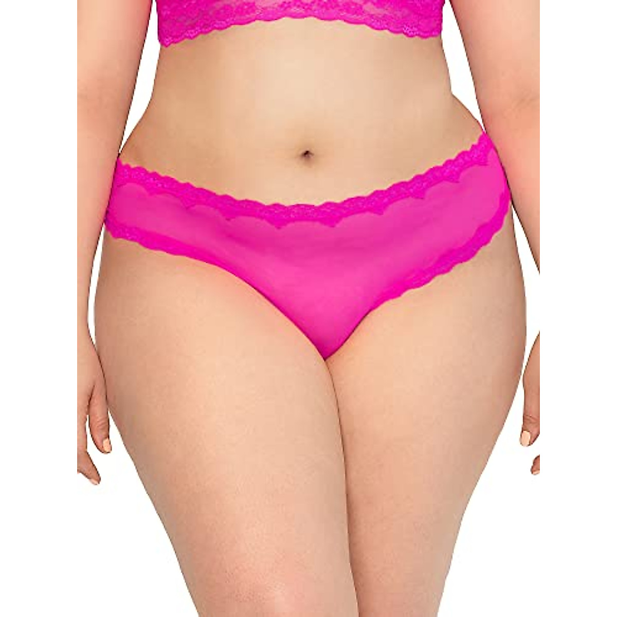 Smart & Sexy Women's Lace Trim & Mesh Panty 2 Packs Sexy Thongs & Cheeky Bikinis, Electric Pink/Black Hue, 7