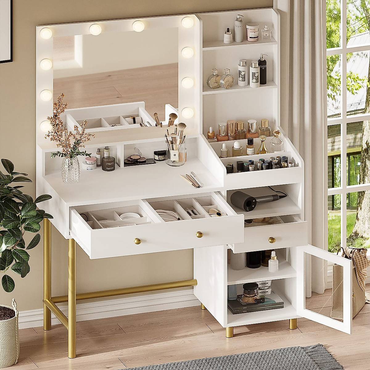 AOGLLATI Makeup Vanity with Lights in 3 Colors, Vanity Desk with Mirror and Lights, White Vanity Table with Charging Station, Makeup Desk with Unique Separation Design