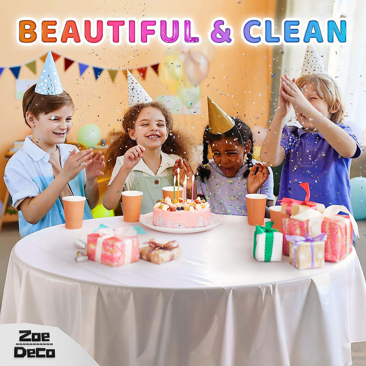 Zoe Deco Plastic Tablecloth (12 Pack, 84" Diameter, Round White Table Cloth), Disposable Table Covers for Parties, Graduations & Picnics, Table Protectors