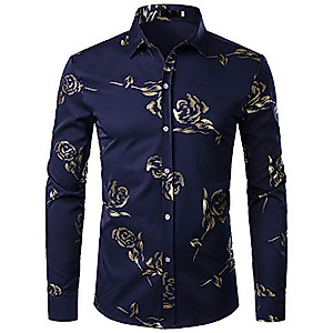 ZEROYAA Men's 3D Golden Rose Printed Slim Fit Long Sleeve Button Down Floral Dress Shirts ZZCL30 Navy Blue Small