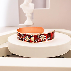 FRONT LINE JEWELRY Women's Red Flower Bracelets Cuff Daisy Flowers Bracelets on a Copper Cuff with a Red Background. Valentine's Day Gifts