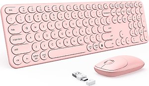 PEIOUS Wireless Keyboard and Mouse Combo, Cute Rose Gold Keyboard with USB and Type C Receiver, Round Keys, Compatible with MacBook, Windows 7/8/10, Laptops (Pink)