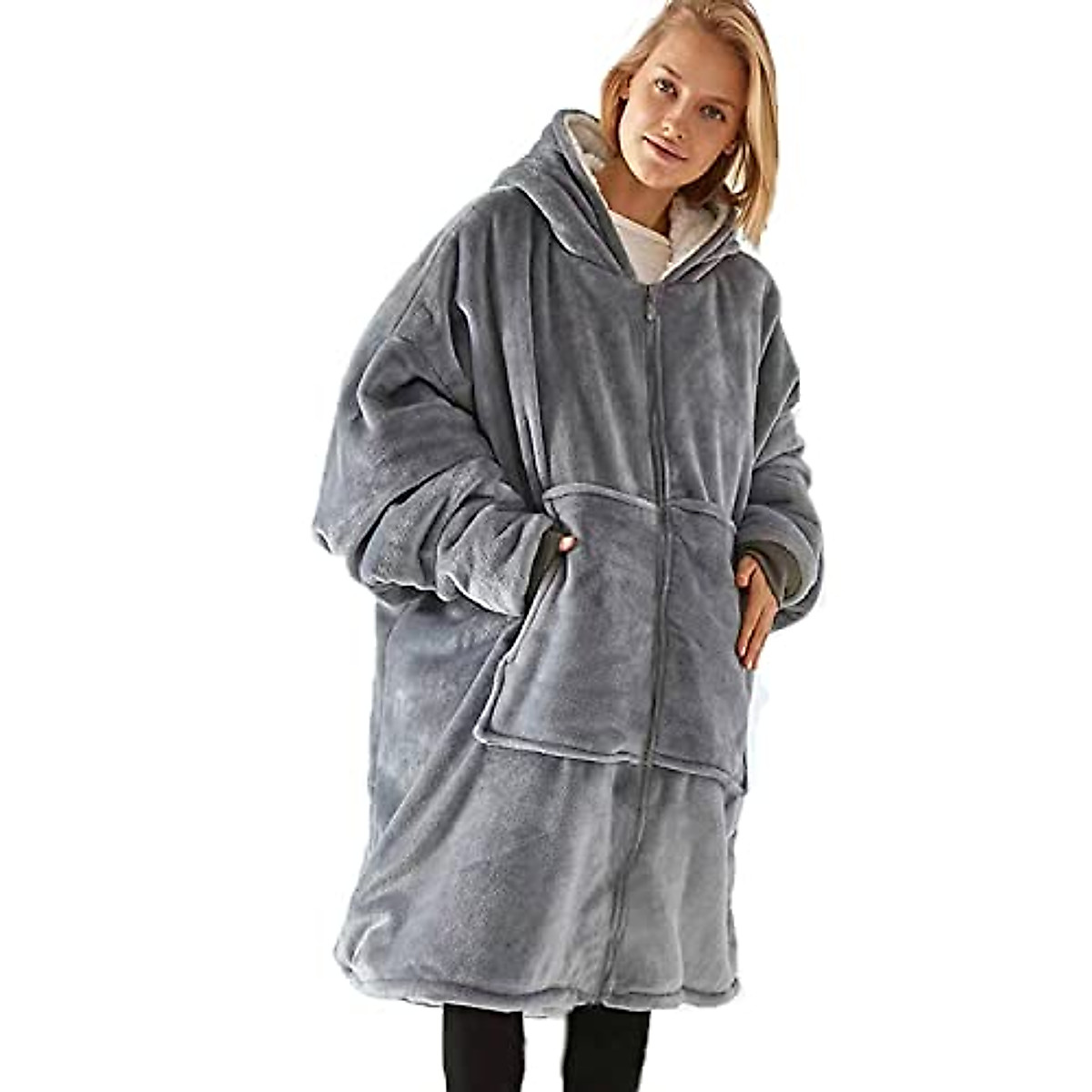Wearable Blanket Hoodie, Oversized Blanket Sweatshirt for Men Women, Warm Thick Cozy Flannel Blanket with Zipper Large Pockets Grey