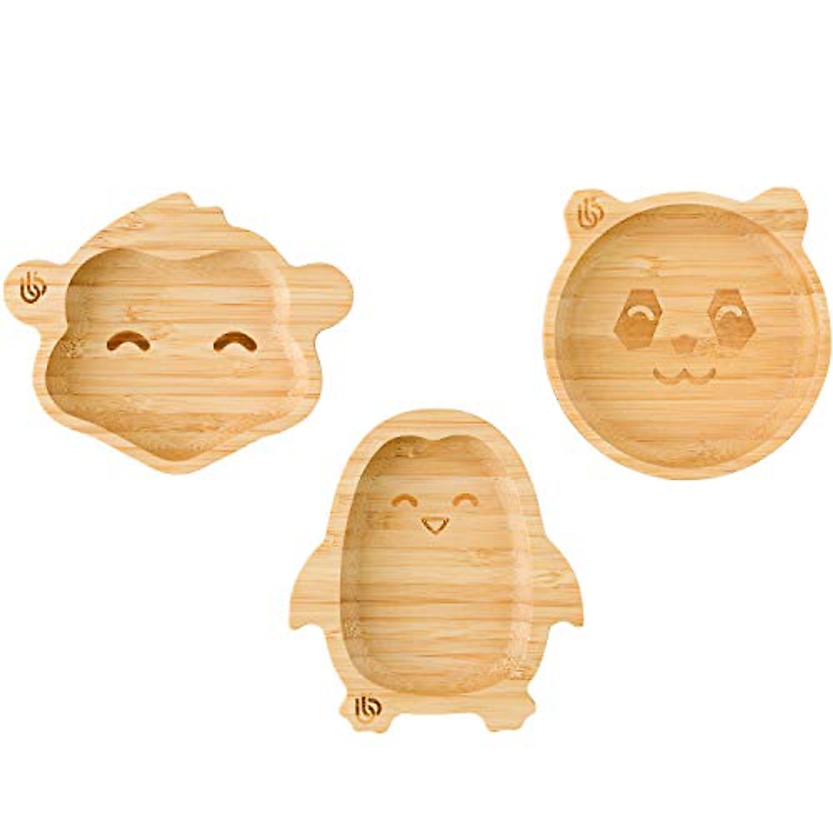 Tiny Bamboo Toddler Plates, 3-Piece Bamboo Baby Plates for Snacks and Baby-Led Weaning Promote Healthy Snacking and Portion Sizes, Non-toxic Kids Plates in Cute Shapes (Monkey, Penguin, Panda)