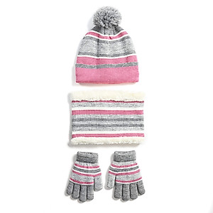 GOLHUA 3Pcs Kids Winter Hat Scarf Gloves Set for 3-6 Years Old Boys Girls Elastic Beanie Hat Circle Scarf Set Knitted Plush - Pink, One Size