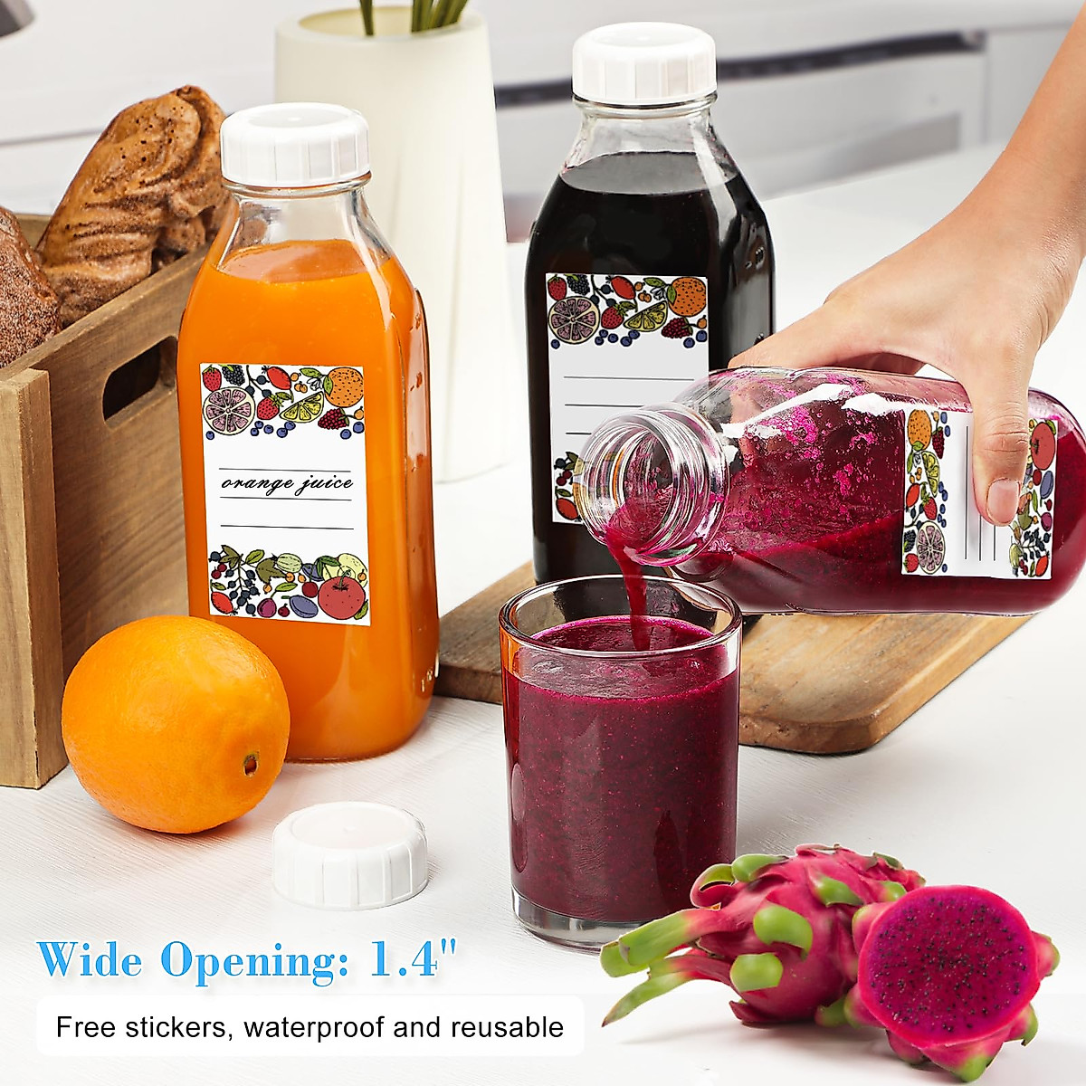 Liter Glass Milk Bottles w Scale, 100% Airtight Heavy Duty Screw Lid - 4 Pack 32 Oz Drinking Jars w Lids - Glass Bottles for Milk, Honey, Jam - Dishwasher Safe(Extra 2 Lids and Stickers)