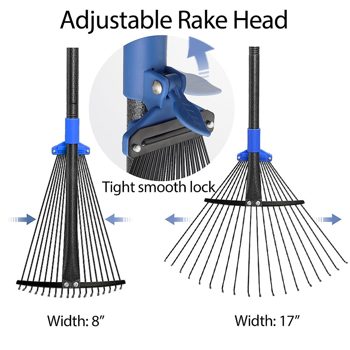 Adjustable Metal Leaf Rake Long Handle, Garden Rakes for Lawns Heavy Duty Leaves with Expandable Head 8-17", Yard Women Kids Rake for Gardening RV Camping
